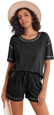 Ekouaer Pyjama Femme &agrave; Manches Courtes &Eacute;t&eacute; Ensemble de Pyjama Femme Col Rond Pyjama Short Femme avec Poches 2 Pi&egrave;ce Noir