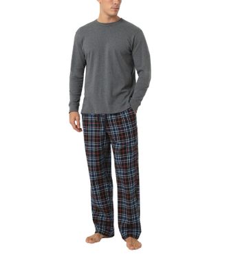 Lapasa Herren Pyjama-Set Relaxed Fit Schlafanzugset, Flanell Hose & Baumwolle Top M79, Dunkelgrau + Dunkelrot, XXL