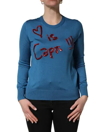 Dolce & Gabbana Womens Sequined Crewneck Sweater Blue Silk