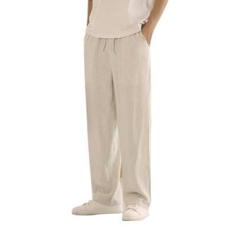 Generic Pantalon d&eacute;t&eacute; en lin pour homme - Pantalon blanc - Coupe ajust&eacute;e - Pantalon cargo en coton - Coupe ample - Pantalon de jogging ample - Taille &eacute;lastiqu