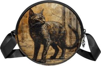 Generic Sac &agrave; bandouli&egrave;re rond pour femme, motif chat vintage, petit sac &agrave; bandouli&egrave;re avec fermeture &eacute;clair, bretelles r&eacute;glables, sac &agrave; main rond d&eacute;contract&eacute;