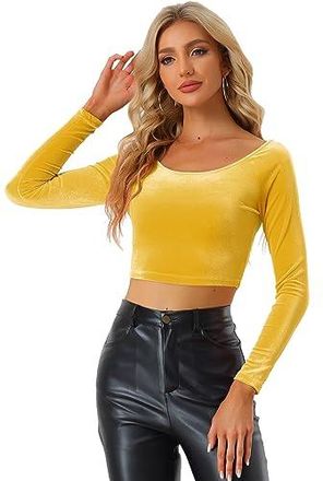 Allegra K Haut Court en Velours &agrave; Manches Longues et &eacute;paules d&eacute;nud&eacute;es pour Femmes Jaune L