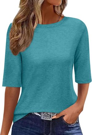 Minetom T-Shirt Damen Halbarm Rundhals Tshirt Sommer Einfarbig Oberteil Basic Shirts A T&uuml;rkis XXL