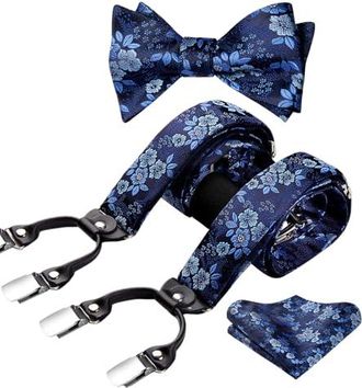 Hisdern Bretelles Homme 6 clips Brace ajustables élastiques Noeud papillon mouchoir