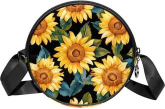 Generic Petit sac &agrave; bandouli&egrave;re rond pour femme, motif tournesol avec fermeture &eacute;clair, bretelles r&eacute;glables, style d&eacute;contract&eacute;, pour femmes et filles