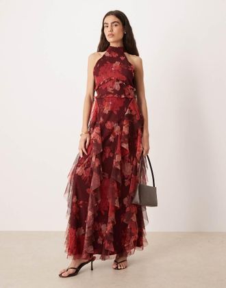 Lace & Beads Robe longue &agrave; imprim&eacute; roses et volants avec encolure licou-Rouge