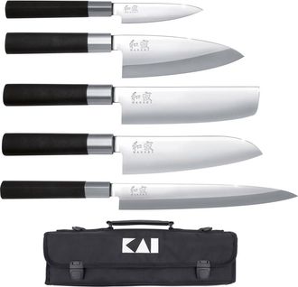 Kai Wasabi Black Messertasche bestückt - Allzweckmesser 10 cm, Deba 15 cm, Nakiri 16,5 cm, Santoku 16,5 cm, Yanagiba 21 cm - rostfreier 6A/1K6 Edelstahl p