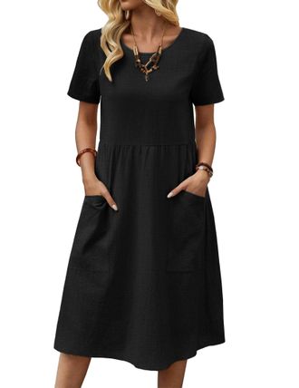 Zeagoo Kleid Damen Baumwolle Sommerkleid Kurzarm Strandkleid Casual Leinen Shirtkleid Rundhals Blusenkleid Schwarz M