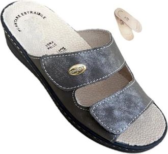 New Confort Sandales Confort femme en cuir synth&eacute;tique r&eacute;glables &agrave; scratch PREST1GE semelle amovible 2 cm convient pour semelles sur mesure, Plomb satin&eacute;, 39 EU