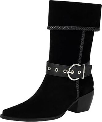 SJJH Bottines r&eacute;tro pour femme - Talon bloc de 5,8 cm et fermeture &agrave; lani&egrave;res - Aspect daim et doublure int&eacute;rieure - Pour le quotidien et le bureau, Noir, 