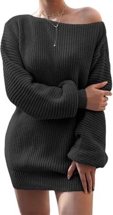 Generic Robe pull &agrave; manches longues et &eacute;paules d&eacute;nud&eacute;es pour femme - Style d&eacute;contract&eacute; - En tricot &eacute;pais - &Eacute;paules d&eacute;nud&eacute;es, Noir, XL