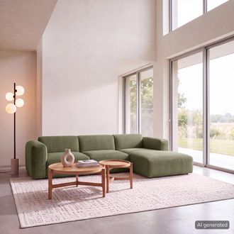 Studio Copenhagen home24 Ecksofa 3-Sitzer mit Longchair Gr&uuml;n Cordstoff Snor 284cm Longchair davorstehend rechts Modern