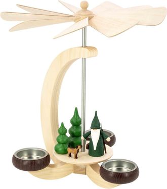 Seiffener Volkskunst | Erzgebirgische Weihnachtspyramide im eleganten Bogendesign in Naturt&ouml;nen | 23 cm | Handgefertigte Pyramide Erzgebirgspyramide | J&auml;gerwichtel