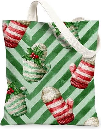 Generic Sacs fourre-tout festifs en toile, motif moufles de vacances, sacs de courses r&eacute;utilisables, mignons, confortables, l&eacute;gers et lavables avec bandouli&egrave;r