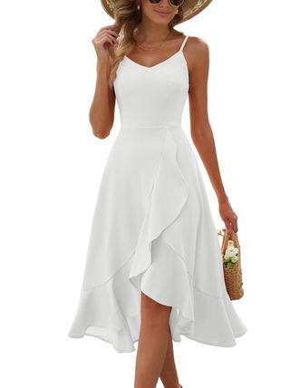 Dresstells Cocktailkleid Damen Kleid Hochzeit Festlich Tr&auml;ger Hochtief Wei&szlig; Knielang Weihnachtsfeier Kleider R&uuml;ckenfrei Curvy Elegantes Partykleid White M