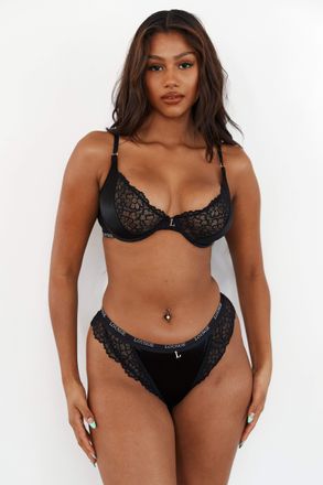 Lounge Underwear Silk Balcony BH und String/Slip Set - Schwarz - Schwarz