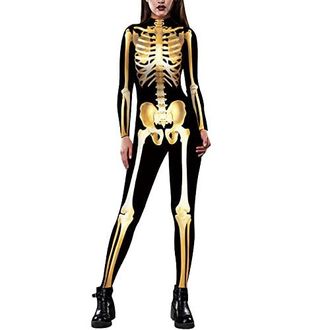 Generic Combinaison En Cuir Noir Femme, Justaucorps Femme Sexy, Combinaison Int&eacute;grale Imprim&eacute;e En 3D, Motif Squelette De Robot, Avec Fermeture &Eacute;clair Au Dos S