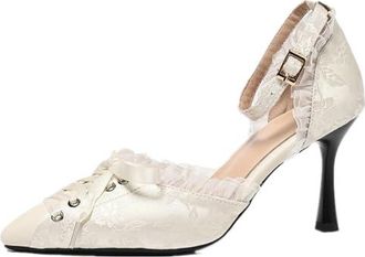 Generic Escarpins &agrave; bout pointu ferm&eacute; avec sangle de cheville et boucle en dentelle &eacute;l&eacute;gante pour mariage, f&ecirc;te, soir&eacute;e, beige, 40.5 EU