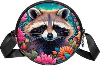 Generic Petit sac &agrave; bandouli&egrave;re circulaire pour femme, motif raton laveur avec fermeture &eacute;clair, bretelles r&eacute;glables, sac &agrave; main rond d&eacute;contract&eacute; pour femmes 