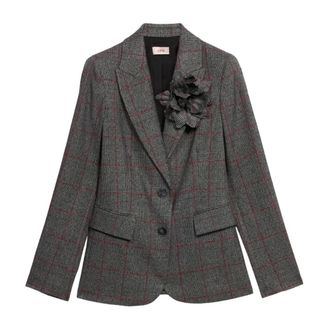 Oltre Karierter Blazer mit Anstecker - - Jackets - Damen - Grau - S
