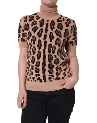 Dolce & Gabbana Womens Beige Leopard Print Wool Turtleneck Top Virgin