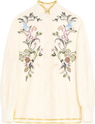 Valentino Garavani Femme, Blouses et Chemises, Beige, Taille: 40 FR Chemise en lin brod&eacute;
