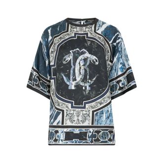 Roberto Cavalli Femme, Tops, Bleu, Taille: 44 FR T-shirt avec Monogramme Serpent Miroir et Imprim&eacute; Marbre