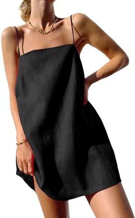 Generic Robe en Lin pour Femme, Bretelles Spaghetti, sans Manches, Mini-Robe dété Fluide, Couleur Unie, Confortable