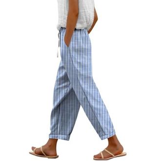 Generic Pantalon Femme Large Lin Fluide Large Elegant Pantalon Court en Lin &Agrave; Fleurs pour Femme Taille &Eacute;lastique Coupe Droite D&eacute;contract&eacute; pour La Plage avec P