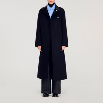 Sandro Manteau long en laine et cuir