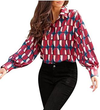 Minetom Chemisier Femme Elégant Col en V Manches Longues Imprimé Blouse avec Boutons Chemise Travail Bureau Tunique Shirt Haut Top F Rouge XL