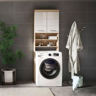 M&S Collection Meuble de machine &agrave; laver 63x24x191 cm ch&ecirc;ne et blanc - LAMBY