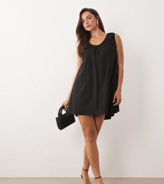 Fashionkilla Exclusivit&eacute; - Fashionkilla - Robe trap&egrave;ze courte en popeline de coton m&eacute;lang&eacute;e avec encolure fronc&eacute;e d&eacute;gag&eacute;e - Noir