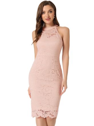 Allegra K Damen Spitzenkleid &Auml;rmellos Figurbetontes Elegantes Etuikleid Neckholder Kleid Rosa XS