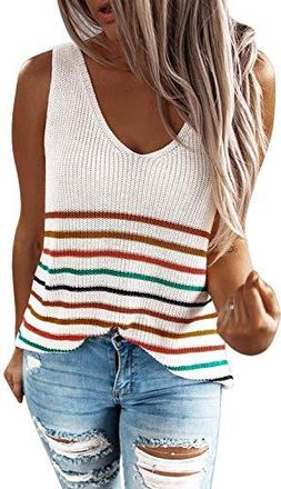 ORANDESIGNE Débardeur Femme Top en Maille à Bretelles Haut Sexy Blouse sans Manches Col V Chic Tee-Shirt Mode Casual Eté Printemps Automne D Blanc XXL
