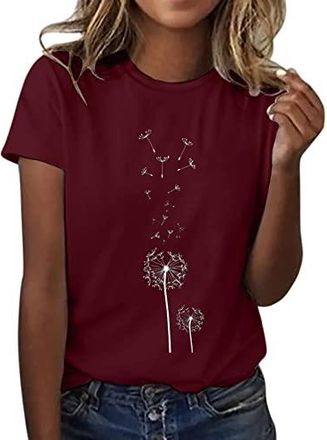 Generic T-shirt &agrave; manches courtes pour femme avec col rond Motif pissenlit pour femme, Bordeaux, XXL