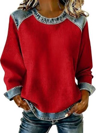 Generic Sweat-shirt &agrave; manches longues et col en jean pour femme - Haut d&eacute;contract&eacute; l&eacute;ger &agrave; manches longues - Pull tunique, Rouge, XXL