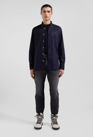 Eden Park Chemise En Popeline De Coton Bleu Marine Col Boutonn&eacute; Et Coudi&egrave;res Imprim&eacute;es Coupe Regular