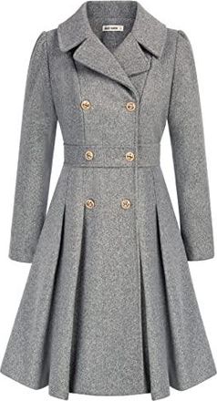 Grace Karin Manteau dhiver pour femme - Manteau &agrave; double boutonnage - Longueur genou - Trench - Long - Coupe A - Veste dext&eacute;rieur, Bouton gris clair
