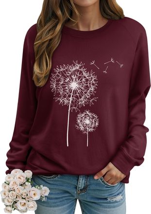 Dresswel Damen L&ouml;wenzahn Sweatshirt Langarmshirt Pusteblume Drucken Pullover Herbst Winter Bluse Tops Oberteile(Weinrot, 2XL)