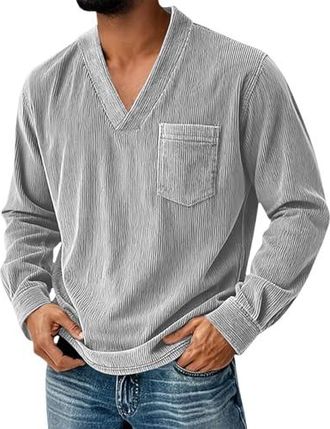 Generic T-shirts &agrave; manches longues en velours c&ocirc;tel&eacute; pour homme - Couleur unie - Haut d&eacute;t&eacute; tendance - Col en V - Coupe ample - Confortable - Respirant - V&ecirc;tem