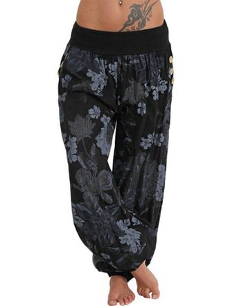 TOMWELL Yogahose Damen L&auml;ssige Blumenmuster Haremshose Lang Strandhose mit Taschen A Schwarz M