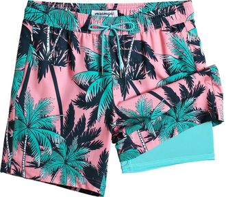 Maamgic 2 in 1 Badehose f&uuml;r Herren mit Kompression Innenhose | 7 Schnelltrocknend Badeshorts M&auml;nner 4 Way Stretch Boardshorts mit Rei&szlig;verschlusstasche Verstel