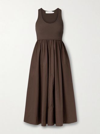 Zimmermann Robe Midi En Popeline De Coton Et En Mailles C&ocirc;tel&eacute;es - Marron