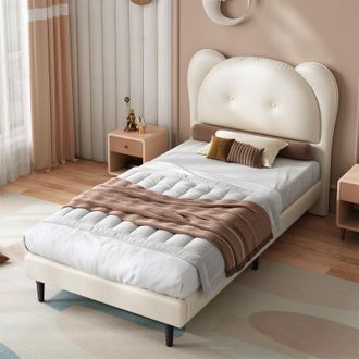 Generic Polsterbett Einzelbett, Bett 90x200cm mit Niedliches Kopfteil in Tierform, Stabile Lattenroste und Eisenrahmenverbindung, PU, Beige
