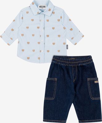 Moschino Ensemble chemise et pantalon en denim en popeline de coton jacquard - Bleu