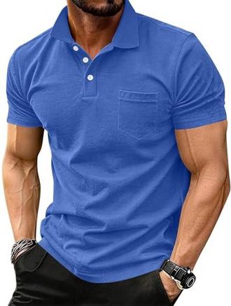 Generic Polo de golf &agrave; manches courtes pour homme - Couleur unie - Classique - L&eacute;ger - Pour l&eacute;t&eacute; - Sport - Coupe ajust&eacute;e - Avec poche de poitrine, Bleu (01), 