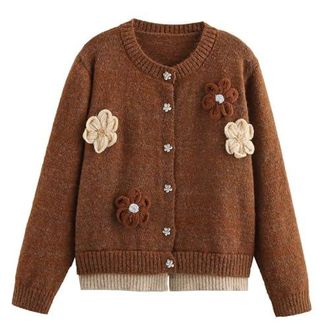 Generic Cardigan d&eacute;contract&eacute; &agrave; manches longues pour femme, coupe d&eacute;contract&eacute;e, &agrave; motif floral, printemps et automne 2025, manteau boutonn&eacute; &agrave; col rond, gris, t