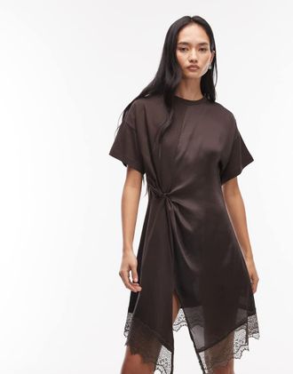 AllSaints Lana - Kurz&auml;rmliges Minikleid aus Spitze in Braun-Brown