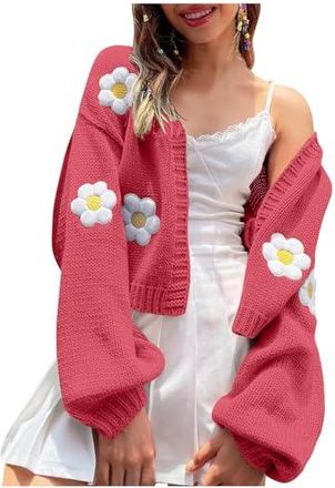Generic Cardigan &agrave; Manches Longues pour Femmes, Pull &agrave; Manches Longues, Ouvert sur Le Devant, Court, tricot&eacute; &agrave; Fleurs, esth&eacute;tique des ann&eacute;es 90, v&ecirc;tements de 